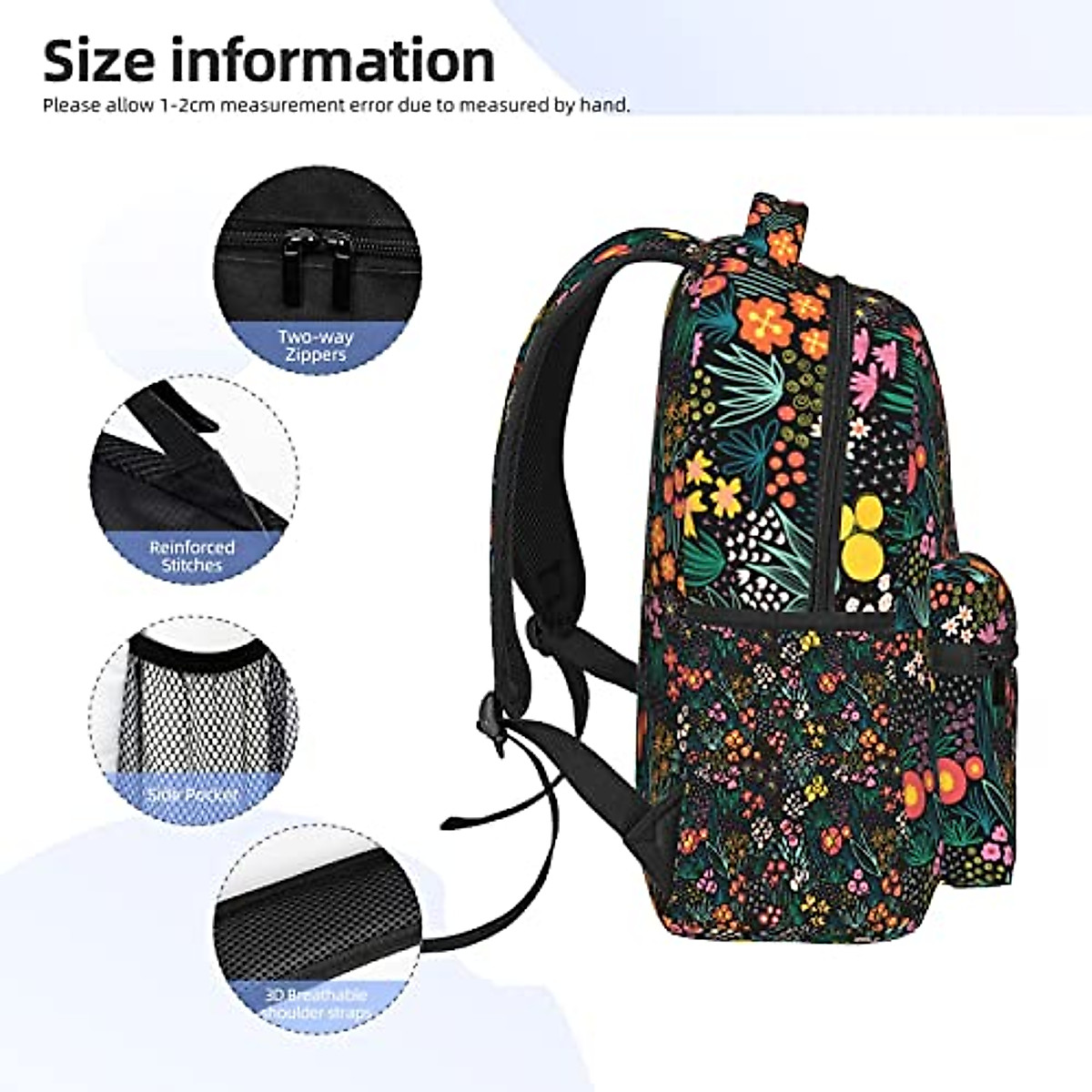 Black Flowers Backpack for Girls - Colorful Floral School Backpacks Wildflowers Plants Bookbag Spring Botanical Foliage Rucksack Seasonal Herb Leaves Daypack Travel Bag
