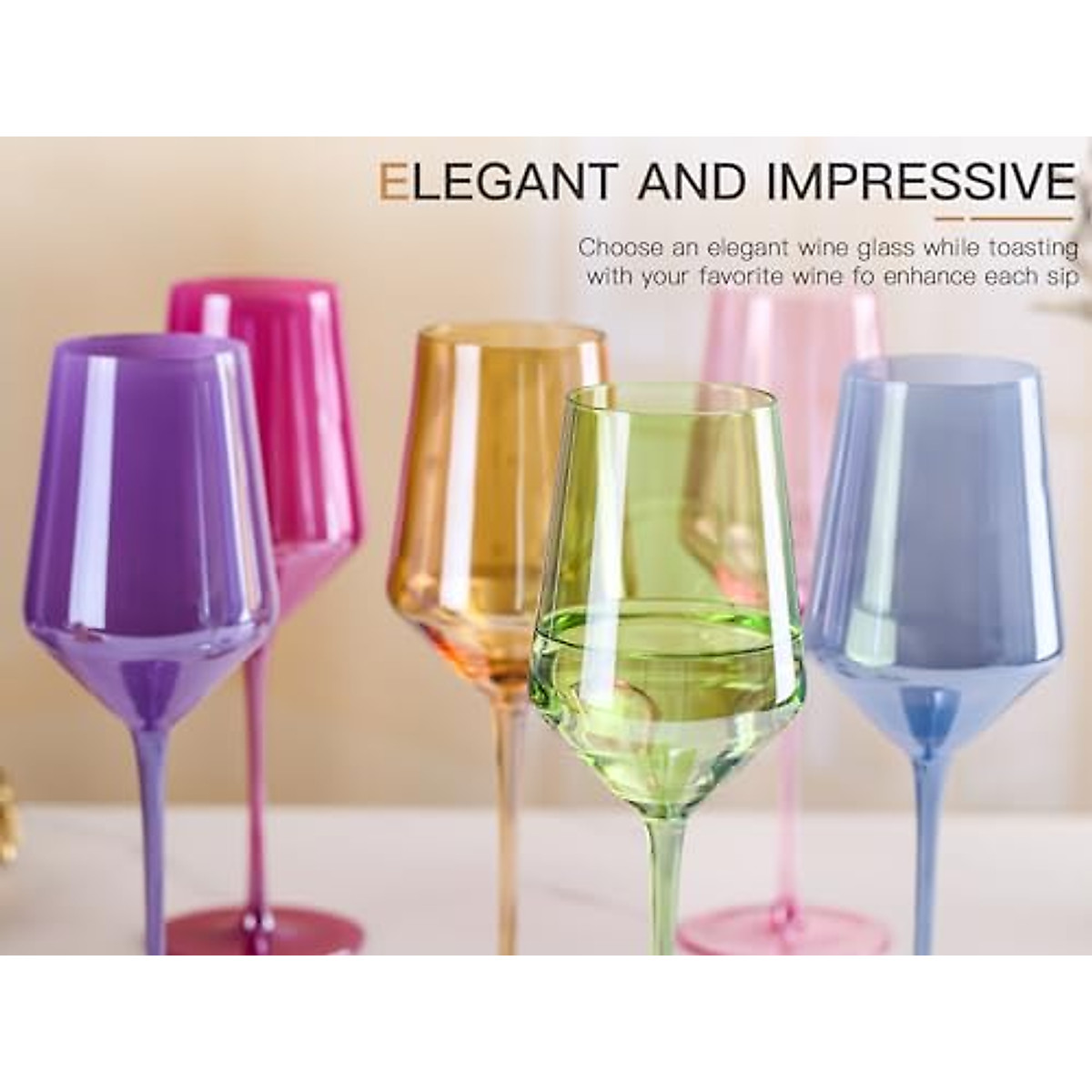Colored Wine Glasses Set of 6-15oz Hand Blown Colorful Crystal Long Stem Wine Glasses, Unique Colored Glassware for Party,Home Bar