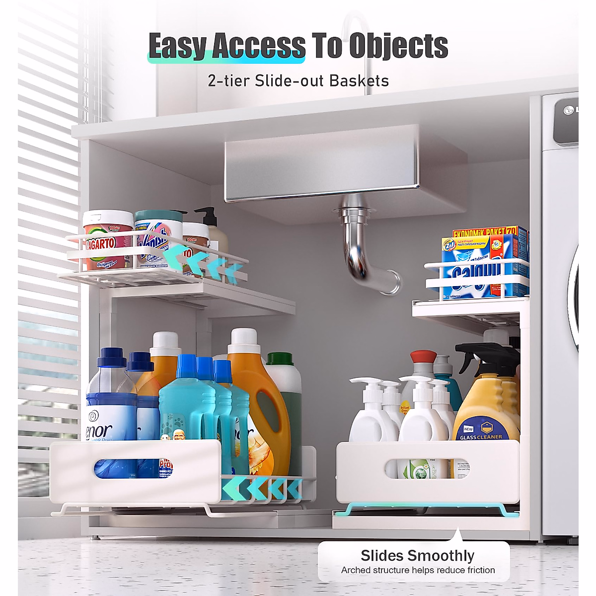 Biboraya 2 Pack Under Sink Organizers And Storage Height Adjustable,2-Tier Under Cabinet Pull Out Shelf,Multi-Use Slide Out Drawer For Kitchen Bathroom Laundry Room-White(Patent Pending)