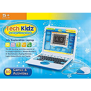 Tech Kidz My Exploration Toy Laptop Educational Learning Computer, 80 Challenging Learning Games and Activities, LCD Screen, Keyboard and Mouse Included (Blue), Ages 5+