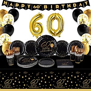Gatherfun 60th Birthday Party Supplies Disposable Paper Plates Napkins Cups Knives Spoons Forks Tablecloth Banner Number 60 Balloons for Men Woman Black and Gold 60 Birthday Party Decorations Serve 25