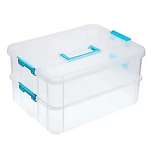 BTSKY 2 Layer Stack & Carry Box, Plastic Multipurpose Portable Storage Container Box Handled Organizer Storage Box for Organizing Stationery, Sewing, Art Craft, Jewelry and Beauty Supplies Blue