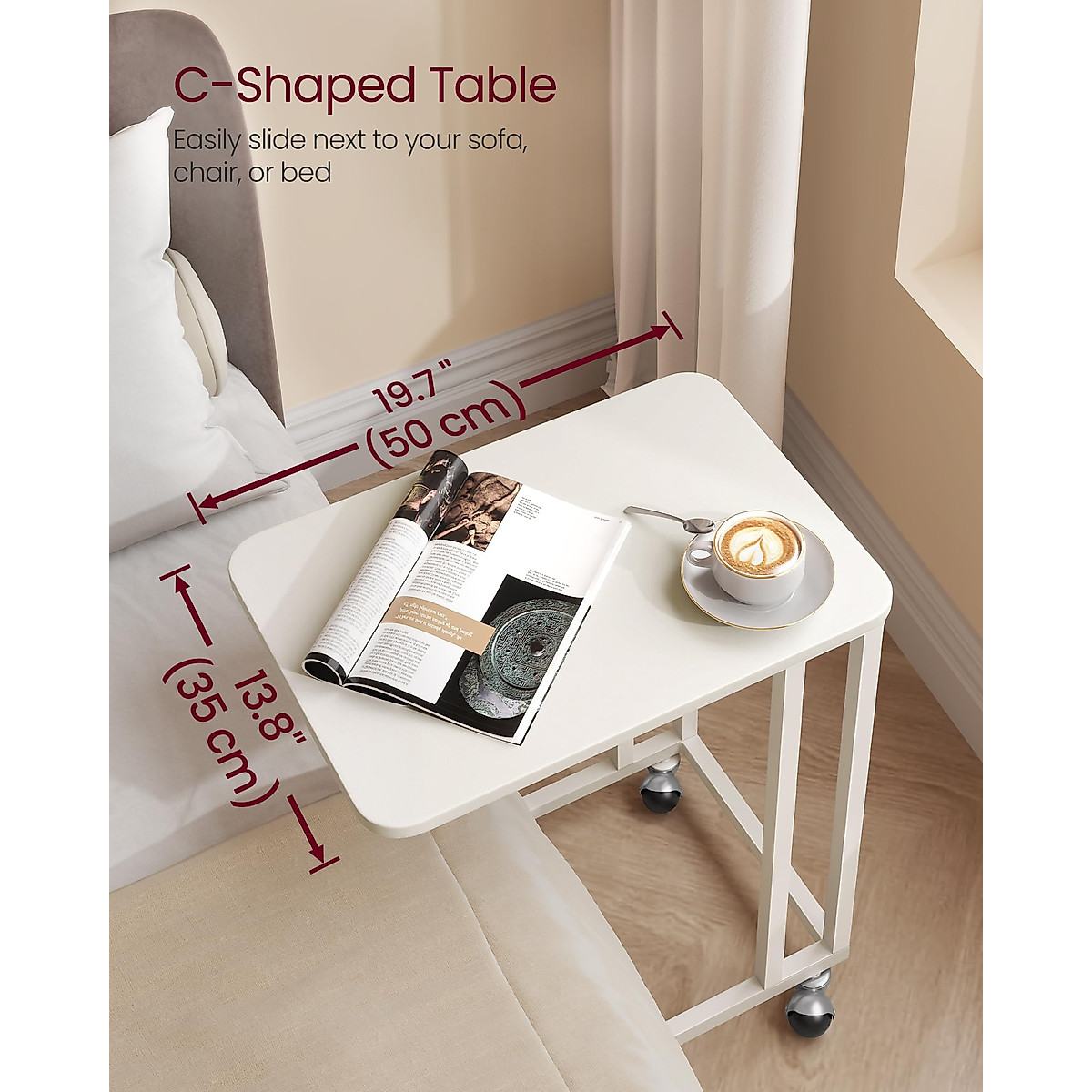 VASAGLE End Table, C Shaped TV Tray with Metal Frame Rolling Casters for Coffee Laptop Mobile Tablet, Industrial Side Table for Living Room Bedroom, 19.7 x 13.8 x 23.6 Inches, Cream White ULNT050W77
