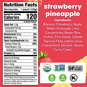Noka Superfood Smoothie Pouches (Strawberry Pineapple) 4 Pack, with Plant Protein, Prebiotic Fiber & Flax Seed, Organic, Gluten Free, Vegan, Healthy Fruit Squeeze Snack Pack, 4.22oz Ea