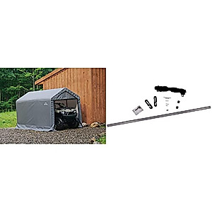 ShelterLogic 6' x 10' Shed-in-a-Box All Season Steel Metal Frame Peak Roof Outdoor Storage Shed with Waterproof Cover and Heavy Duty Reusable Auger Anchors, Grey & Pull-Eaze Roll-Up Door Kit