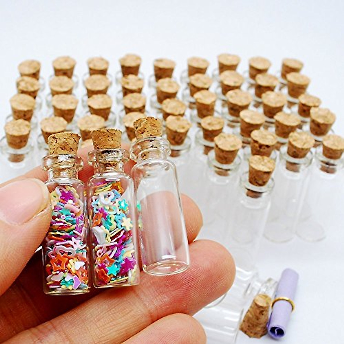 1ML Small Mini Tall Clear Glass Bottles/Jars with Corks Stoppers for Arts & Crafts, Projects, Decoration, Party Favors+ 50 Pcs Gold Metal Eye Hook Pin Screws,50 Pcs