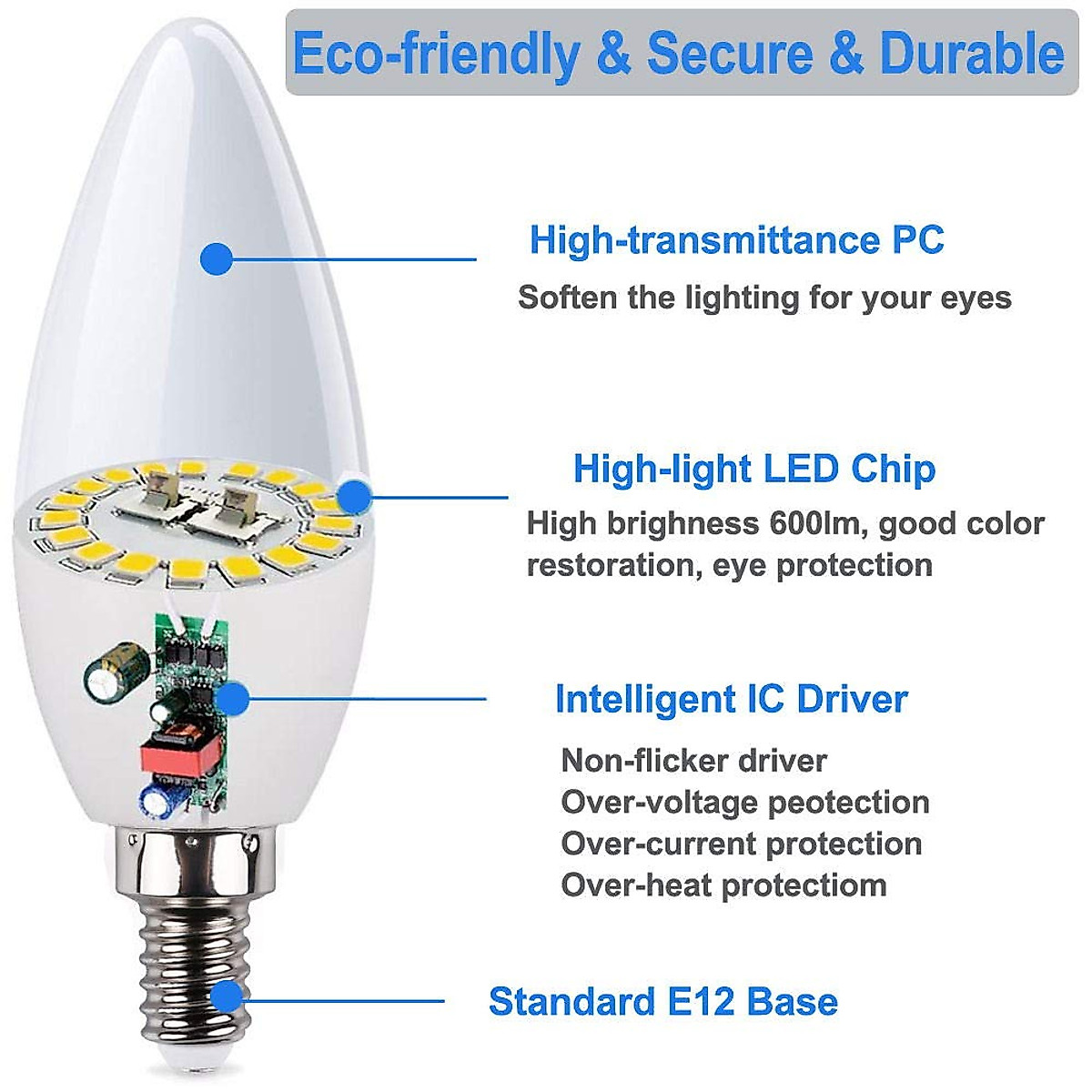 Vinaco E12 LED Bulb, 2 Pack E12 Candelabra Bulb 40 Watt Warm White 3000K, High Brightness 400LM & 25000+ Long Lifespan E12 Bulb, E12 Candelabra Base, E12 Light Bulb Great for Ceiling Fan Light Bulb