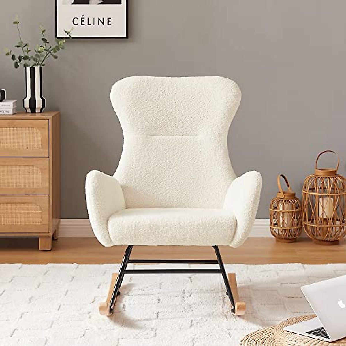 Recaceik Rocking Chair, Modern Teddy Fabric Rocker Glider Chair with High Backrest and Armrest, Comfy Side Chair Bedroom Living Room Chair Armchair, 2 Handy Pockets, Metal Frame, Wood Leg(Beige)