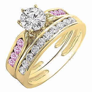 Dazzlingrock Collection Round Pink Sapphire & White Diamond Ladies Wedding Ring Set in 14K Yellow Gold, Size 7.5