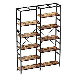 Monesti Bookshelf, 5 Tier Bookcase with 6 Hooks, Book Shelf for Bedroom, Living Room, Kitchen, Study and Home Office(Rustic Brown).