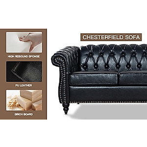 Chesterfield Sofa 2 Piece Set, Modern Black Faux Leather 3 Seater Couches and Sofa Chairs, Upholstered Tufted Button,Scroll Arms and Nailhead Trim, Sectional Sofa Set for Living Room Office Bedroom