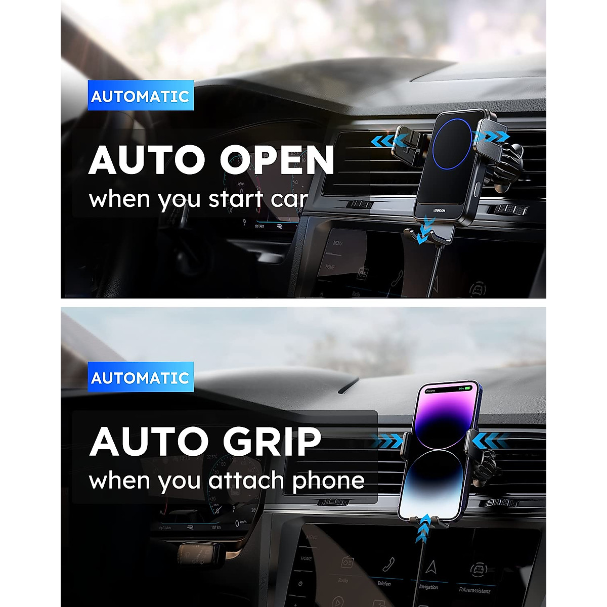 JOYROOM Wireless Car Charger Mount, Auto-Clamping 15W Max Qi Fast Charging Wireless Phone Charger for Car, Super Stable & Hands-Free Air Vent Car Phone Mount Charger for iPhone 15 14 13 12 11