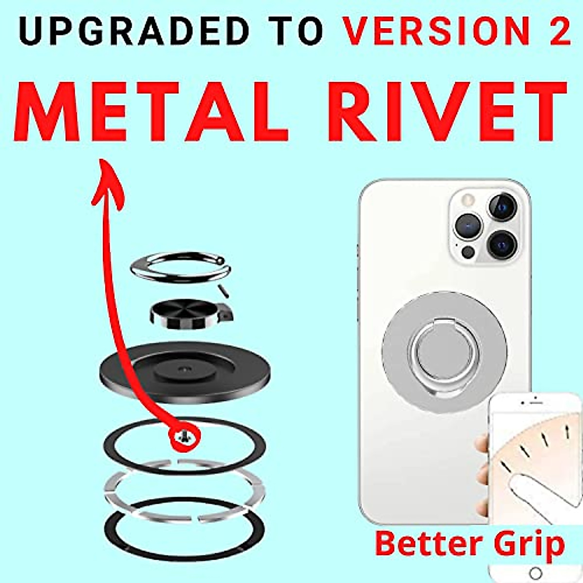 Aporia - Compatible for MagSafe Phone Ring Holder for iPhone 14 13 12 Mini Pro Max Plus Finger Ring Grip Stand | Removable Detachable Metal Gripper (Silver)