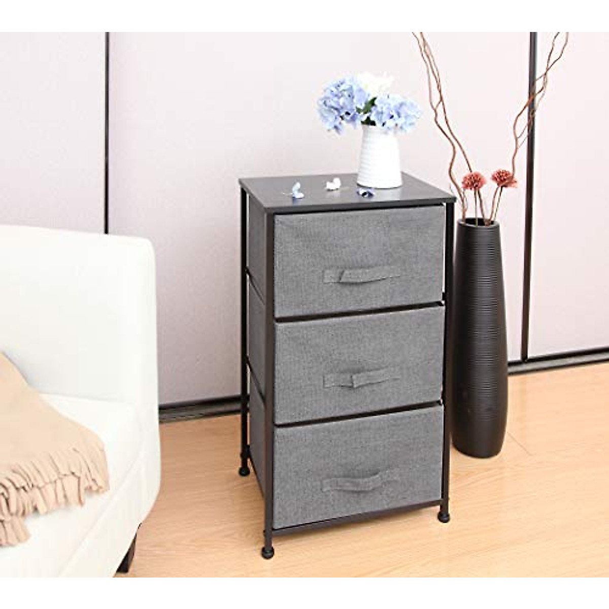 East Loft Nightstand Dresser Storage Organizer for Closet, Nursery, Bathroom, Laundry or Bedroom 3 Fabric Drawers, Solid Wood Top, Durable Steel Frame (Charcoal)