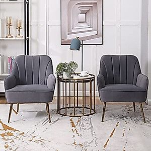 LUCKHAO Modern Accent Chair Set of 2,Velvet Comfy Upholstered Armchair Cozy Single Sofa Chairs with Gold Metal Legs for Living Room,Reading,Bedroom,Office(Grey)