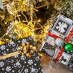 LeZakaa Christmas Wrapping Paper Mini Roll - Bell & Tree/Candy Canes/Snowflakes in Black & White for Gift Wrap, Arts Crafts - 17 x 120 inches - 3 Rolls (42.5 sq.ft.ttl.)