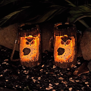 KZOBYD Solar Hanging Lanterns Outdoor Waterproof Owl Stump Lamp with Handle LED Owl Statue Light Lawn Figurine Solar Powered for Patio Courtyard Yard Garden Porch Tabletop Decor (Brown Wing)