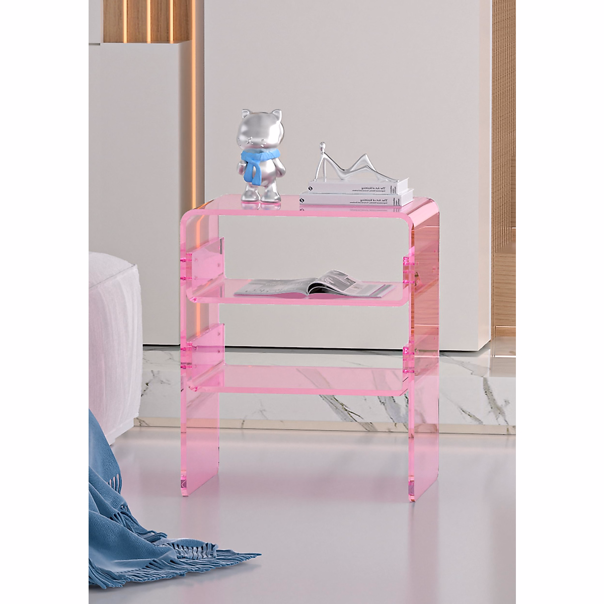 Clear Acrylic 3-Tier End Table/Nightstand – Sleek Bedside Storage with Durable Design, Perfect for Bedrooms, Living Rooms, or Modern Interiors – Ideal as a Bedside Table or Sofa Side Piece (Pink)