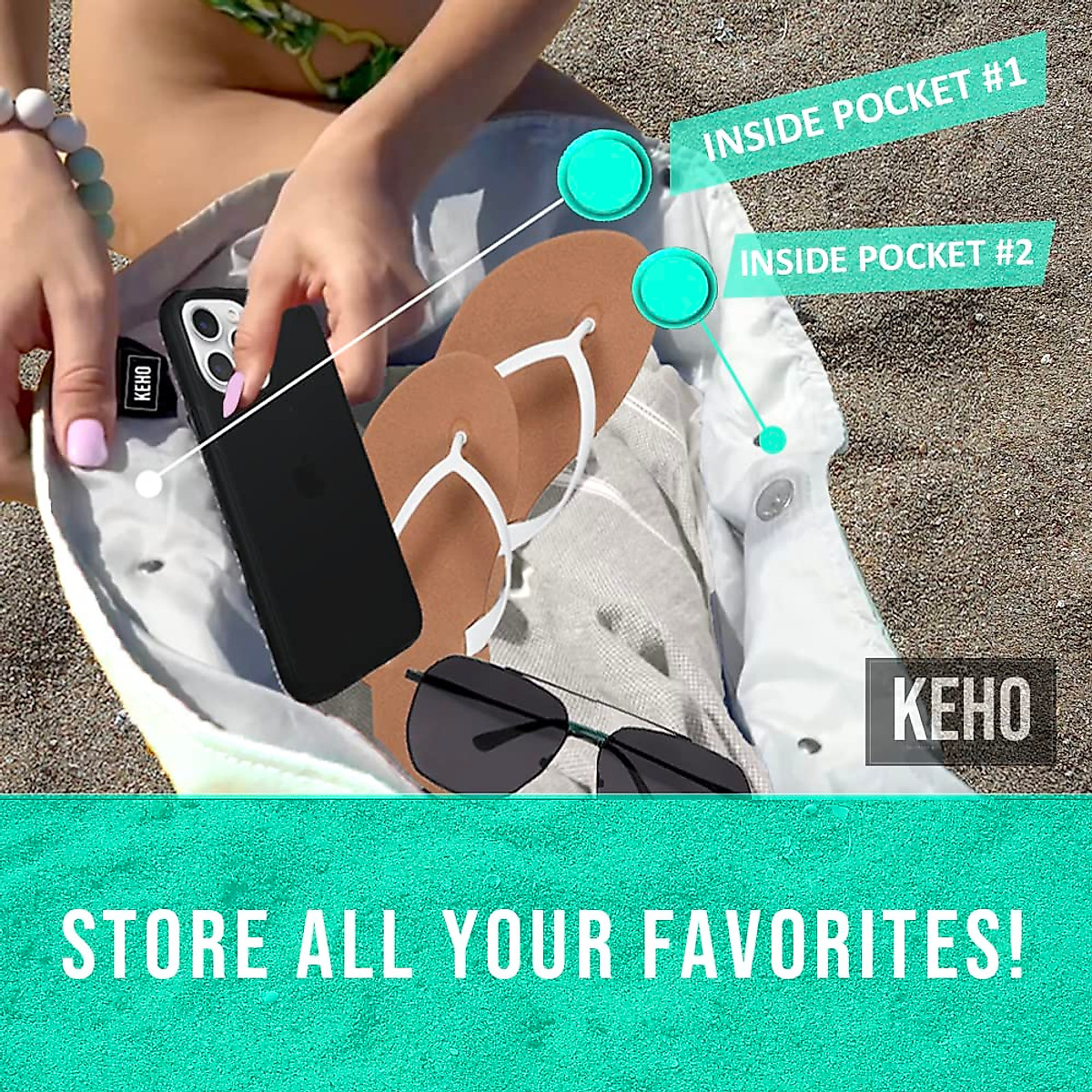 Keho Waterproof Canvas Beach Bag with Pockets For Women (Sandproof) - Navy …