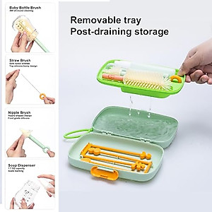 Suvast 7in1 Travel Bottle Cleaner kit,Baby Essentials, with Bottle Brush、Nipple Brush、Straw Cleaner Brush、Soap Dispenser、Bottle Drying Rack、Drainage Tray、Storage Box,Baby Travel Essential (Green)
