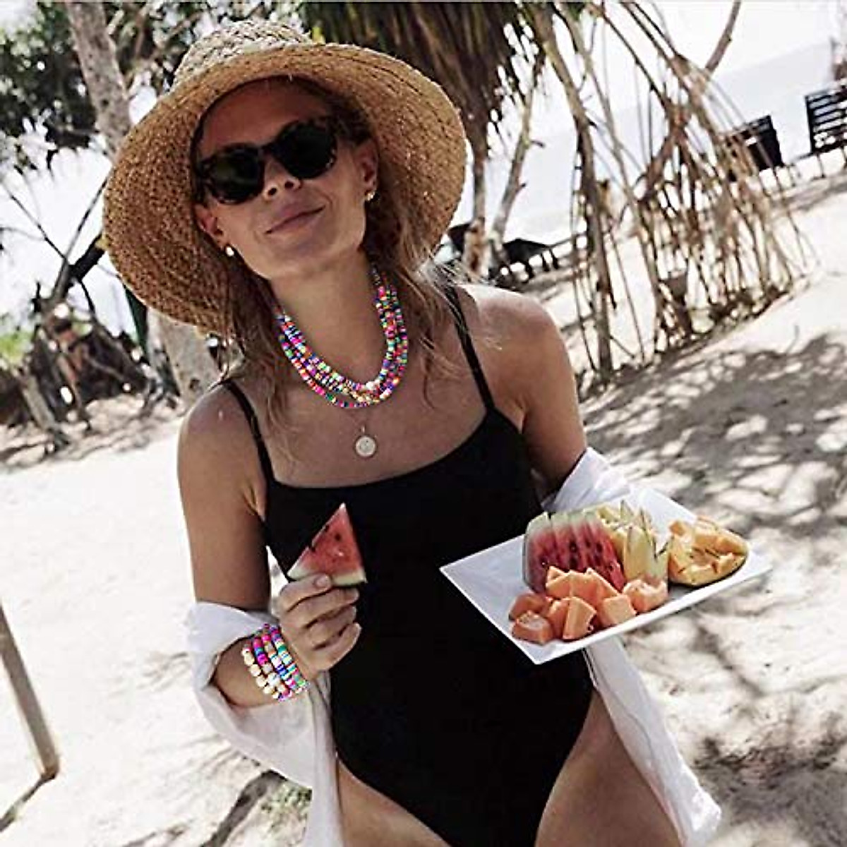 ARATLENCH Heishi Surfer Necklaces Bracelets –Colorful Vinyl Disc Beads Love Necklace Boho Rainbow Stack Stretch Friendship Bracelet Necklaces Set for Women