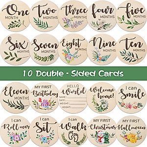 Baby Monthly Milestone Cards Sign - 10 Double Sided Marker Wooden Circles Discs Newborn Photography Prop, Pregnancy Journey Birth Announcement Sign Baby Boy and Girl Gift Sets