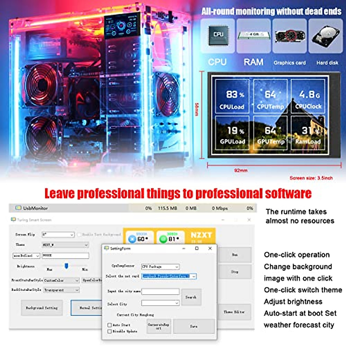 XIXIAN 3.5 Inch IPS LCD Monitor Display Computers Monitor CPU GPU Monitoring Sub-Screen Support Wins Linux System
