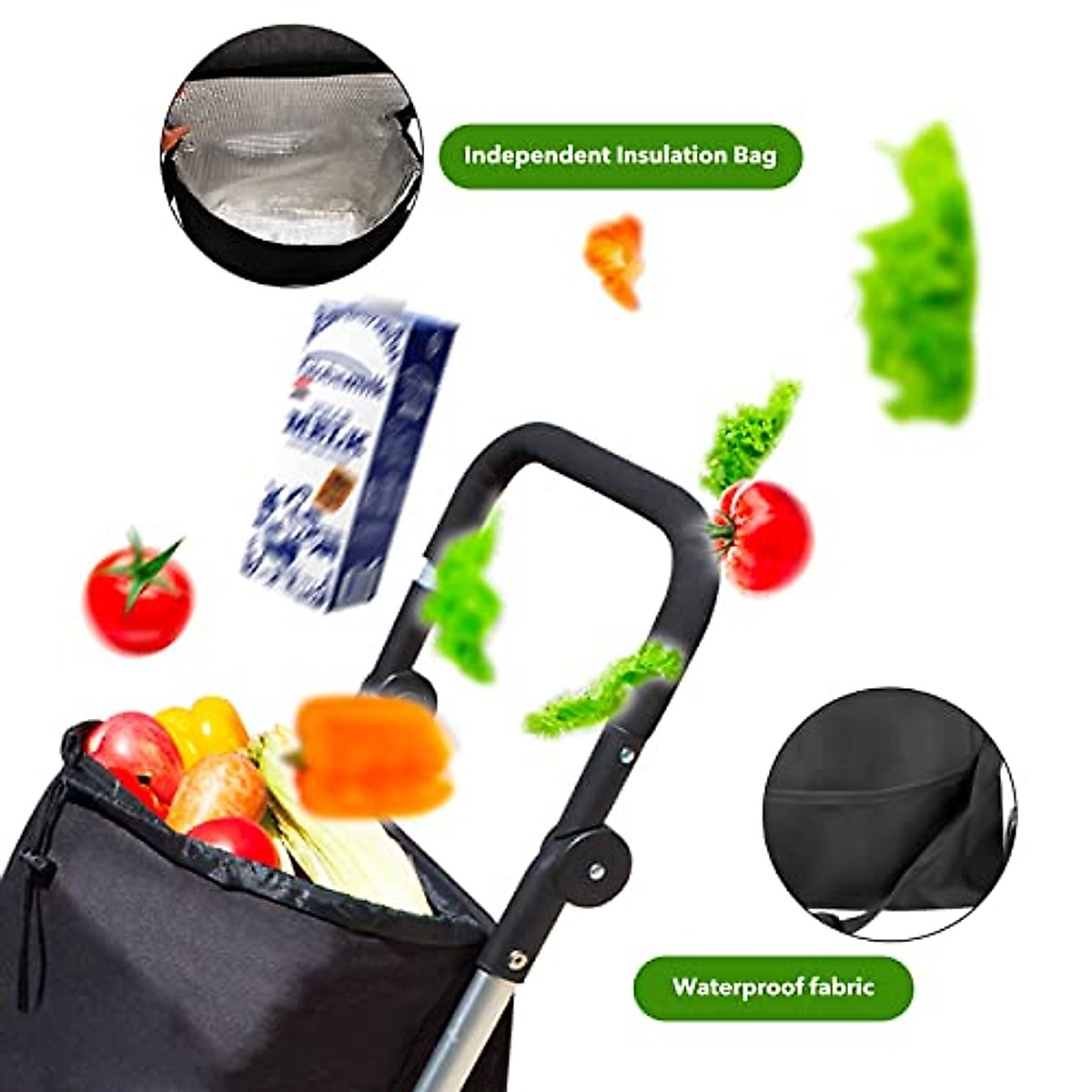 Grocery Cart on Wheels,Folding Shopping Cart with Rotatable Handle,Utility Carts with Removable Insulated Cooler Bag,Lightweight Collapsible Cart with Wheels