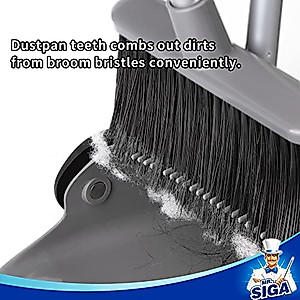 MR.SIGA Broom and Dustpan Set with Long Handle, Upright Broom and Dustpan Combo for Floor Cleaning, Lobby Broom with Adjustable Handle, Gray