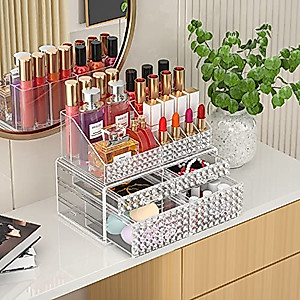 Awenia Makeup Organizer with Drawers[Upgraded]-Acrylic Make up Organizers and Storage Case for Cosmetics,Perfume,Jewelry Display, Vanity and Bathroom Accessories (Clear-4 Drawers)