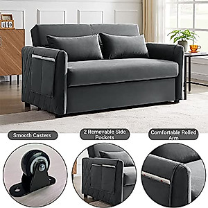 Antetek Convertible Sleeper Sofa Bed, 3 in 1 Velvet Loveseat Sleeper Sofa Couch with Pull Out Bed, Small Love seat with Adjustable Backrest, Lumbar Pillows & Side Pocket for Living Room, Grey, 55"