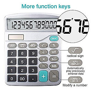 Calculator,12-Digit Solar Battery Basic Calculator,Solar Battery Dual Power with Large LCD Display Office Calculators (Silver)