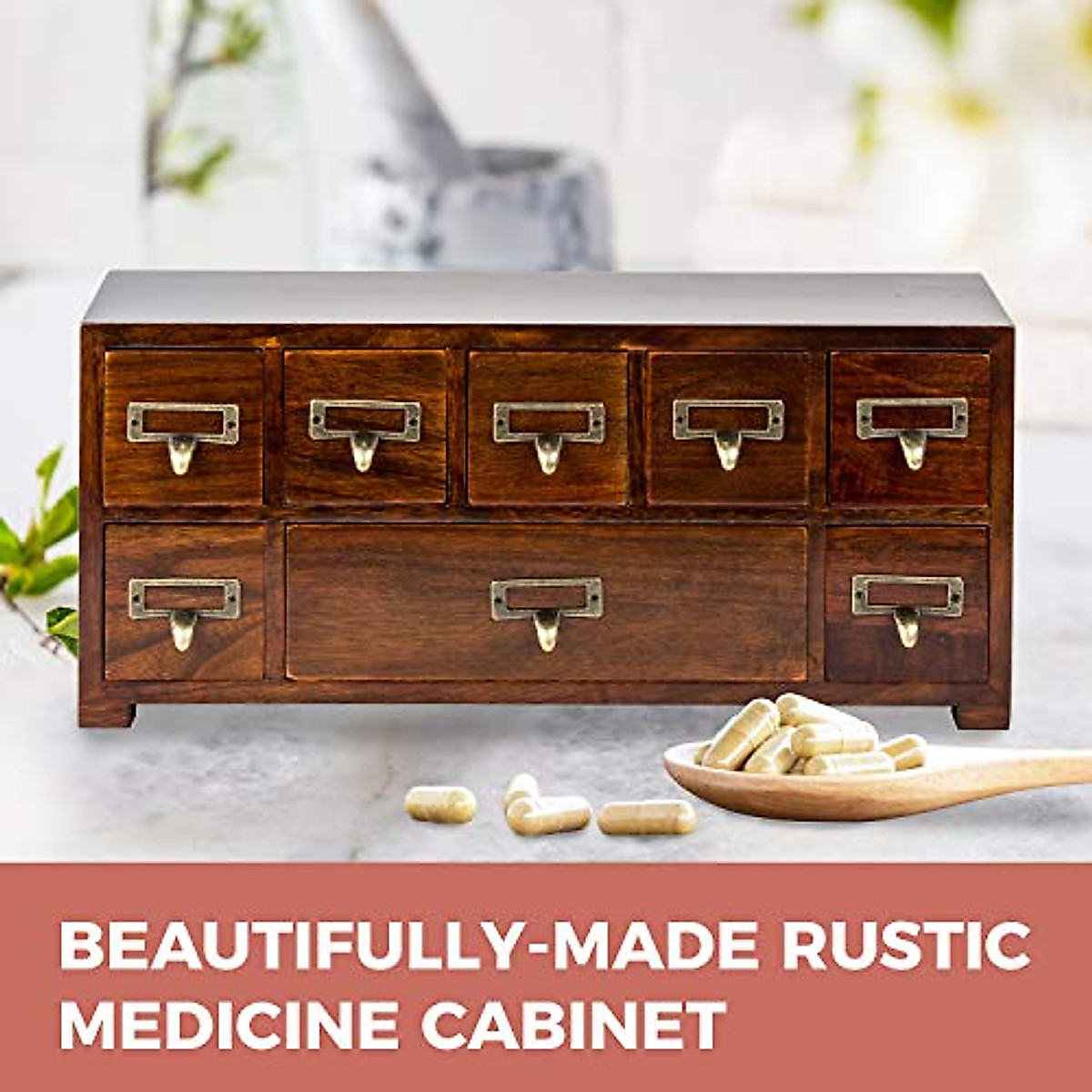 Label Holder Organizer Traditional Medicine Cabinet - Desktop Wide & Small Cabinet w/ 8 Drawers - Tabletop Apothecary Cabinet - Pre-Assembled Oriental Furniture - Vintage Card Catalog - Chest Drawer