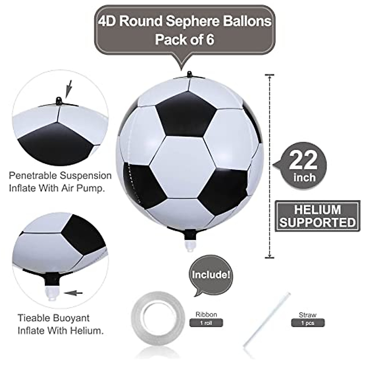 6 Pack Giant 22 Inch Soccer Foil Balloons 4D Sephere Mylar Football Balloons Helium Metallic Balloons for Birthday Party Sports Themed World Cup Party Decorations