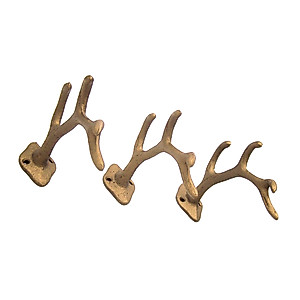 Wowser Antler Wall Hooks, Set of 3, Wall Mounted Decoration, Rustic Decor, 5.5 Inches (Gold Toned)