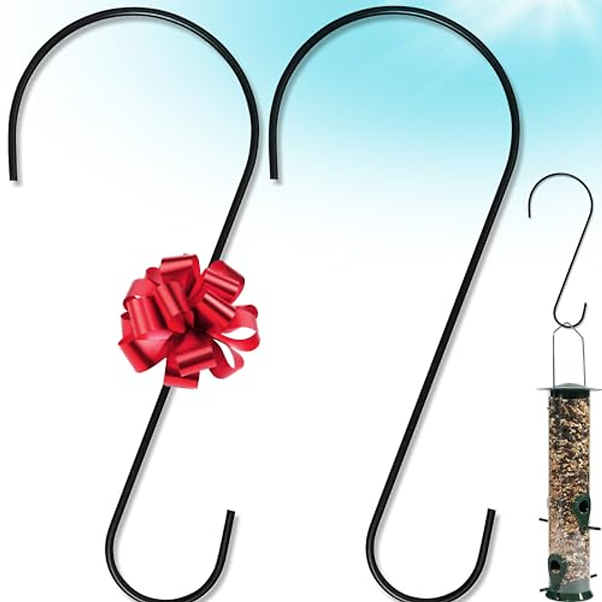 Gray Bunny Metal Tree Branch Hook, 12 Inch, Black, 2-Pack, Premium Extra Thick 1/5 Inch Diameter Rust Resistant Steel S-Hooks for Bird Feeders and Baths, Planters, and More, Christmas Outdoor Lights