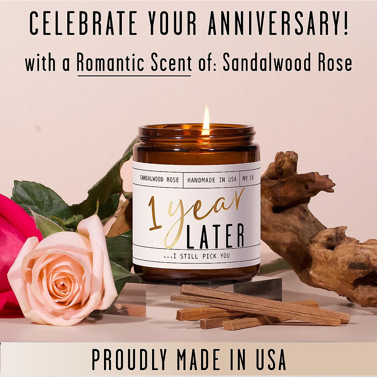 1 Year Anniversary Gifts for Girlfriend or Wife - '1 Year Later' Candle, w/Sandalwood Rose - infused w/Essential Oils I 1st Anniversary Gift I One Year Anniversary Gifts for Her I 50Hr Burn, USA Made