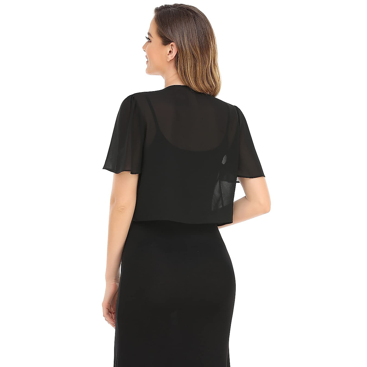Women Black Bolero Shrug Soft Chiffon Open Front Sheer Short Sleeve Cropped Cardigans for Evening Dress(Black,L)