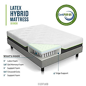 LUCID L150 Bed Base – Upholstered Frame, Queen, Charcoal Adjustable & 10 Inch Queen Latex Hybrid Mattress - Cooling Gel Memory Foam - Responsive Latex Layer - Adaptable - Durable Steel Coils
