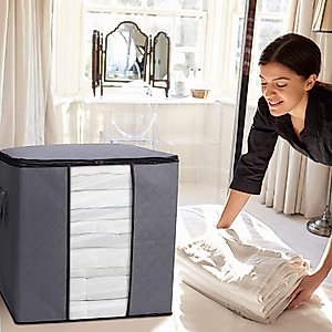 WISELIFE Storage Bags [2 Pack/100L] Large Blanket Clothes Organization and Storage Containers for Comforters,Bedding, Foldable Organizer with Reinforced Handle, Clear Window, Sturdy Zippers,Gray