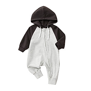 VISGOGO Baby Girls Boys Romper Contrast Color Long Sleeve Hooded Jumpsuit Zipper Autumn Outfit 0-24 Months (Dark Gray, 6-12 Months)