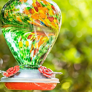 Muse Garden Hummingbird Feeder for Outdoors 2 Pack, Hand Blown Glass, 34 Ounces, Containing Ant Moat, Daylight and Peacock