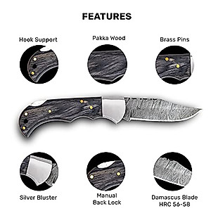 KIMPE 6.5" Damascus Pocket Knife with Holster-Folding Knife-EDC Knife-Best Camping Knife & Survival Knife-Pocket Knives for men & Self Defense Knife for Women (Pakka Grey Wood)