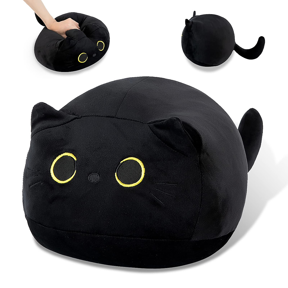 SteasMotai 15.7" 3D Black Cat Plush Toy Pillow, Soft Kawaii Kitten Stuffed Animal Cushion