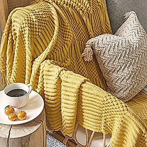 Mustard Yellow Throw Blanket for Couch Bed Sofa, Soft Knitted Throw Blanket with Decorative Tessels, Bubble Lightweight Textured Blanket 50 x 60 Inches
