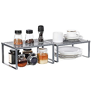 SONGMICS Cabinet Shelf Organizers, Shelf Organizer, Countertop Organizer, Shelf Riser, Stackable, Expandable, Set of 2 Metal Kitchen Counter Shelves, Silver UKCS01SV