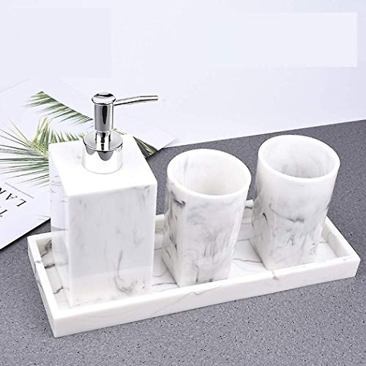 Bathroom Accessories Set, Faux Marble 4Piece Complete Resin Bath Accessories Set with Soap Dispenser, Toothbrush Cup, Tray Gift Set Luxury Bath Accessory