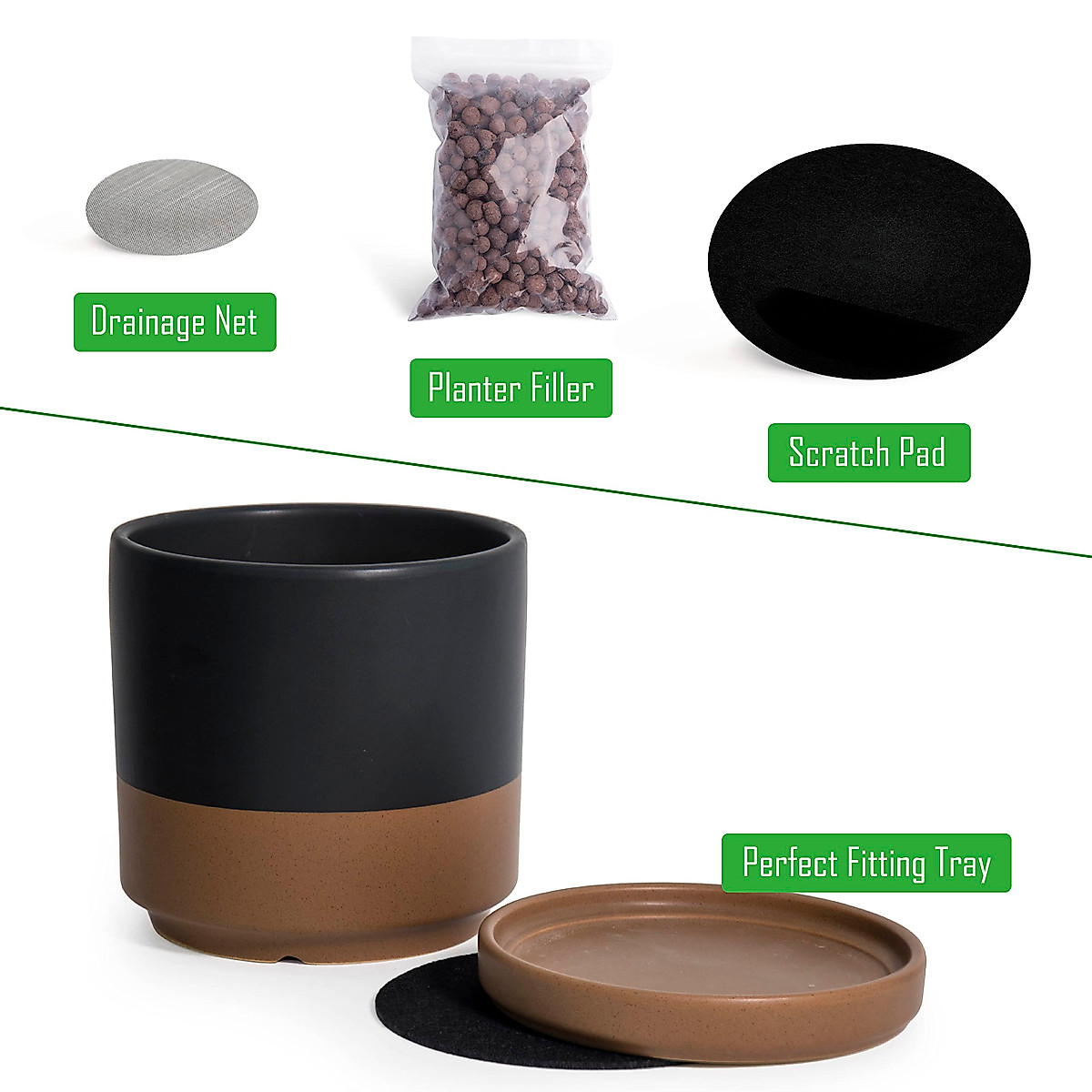 D'vine Dev 6 Inch Ceramic Planter Pot with Drainage Hole and Saucer, Indoor Cylinder Round Planter Pot, Black/Speckled Tan, 94-O-S-7