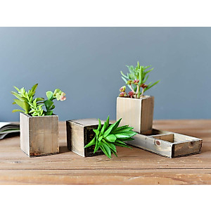 Set of 3 Fake Succulents Plants, Artificial Succulents with Rustic Style Wood Square Pots & Rectangular Tray, Desktop herb Garden Mini Faux Succulents for Home Décor