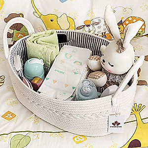 Extra Large Baby Diaper Caddy Organizer 16.5"X11"X6.5" Woven Cotton Rope Baby Shower Basket [8 Pockets+5 compartments]Nursery Storage Bin Portable Car Travel Tote Bag Newborn Registry Boy Girl